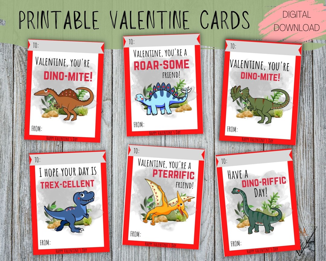 Kids Dinosaur Valentine's Cards, Valentine Cards, Printable Kids ...