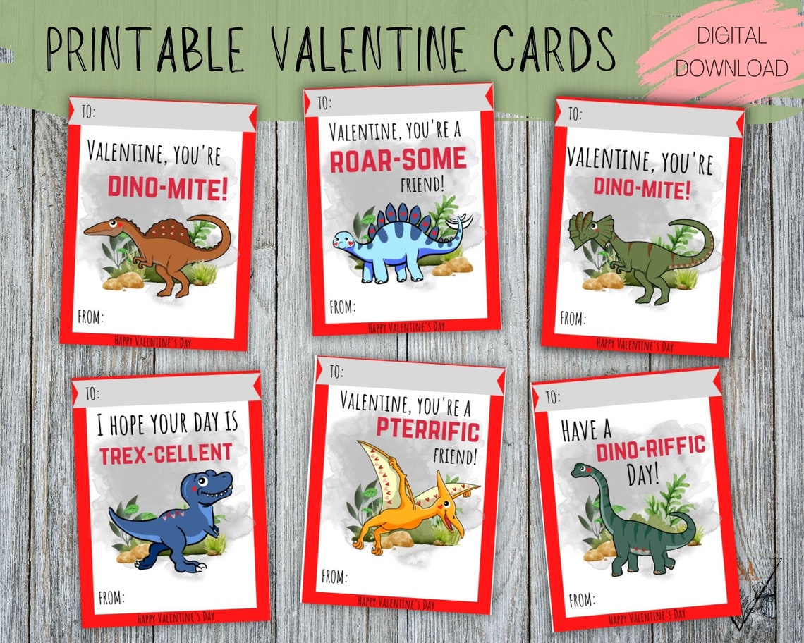 Kids Dinosaur Valentine's Cards, Valentine Cards, Printable Kids ...