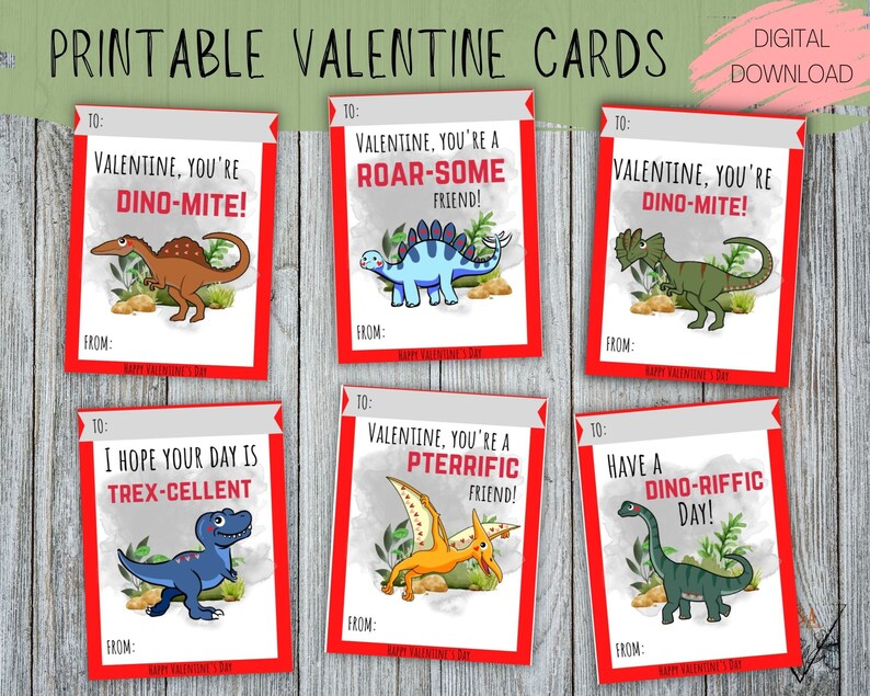 Kids Dinosaur Valentine's Cards, Valentine Cards, Printable Kids ...