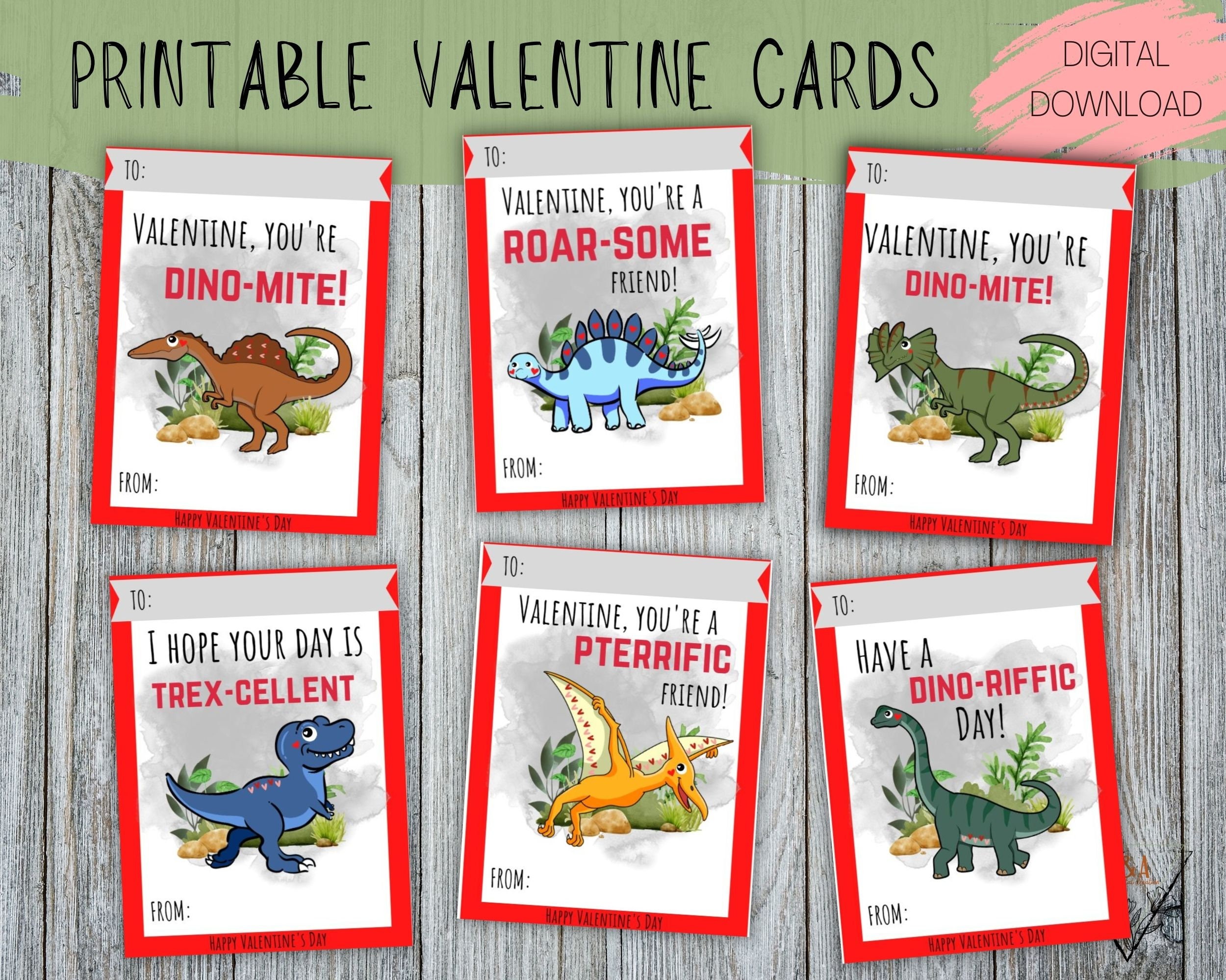Kids Dinosaur Valentine's Cards, Valentine Cards, Printable Kids ...