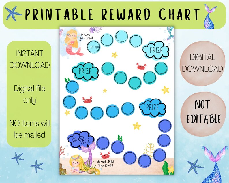 Mermaid Rewards Chart, Printable Rewards Chart, Printable Mermaid ...