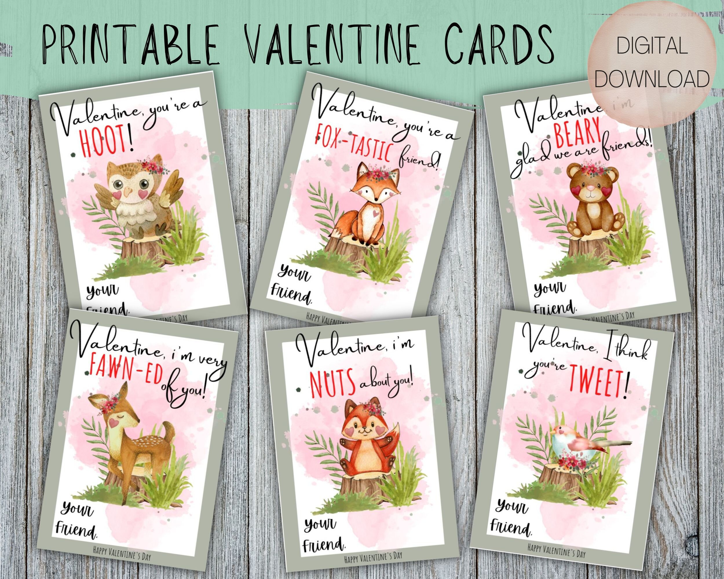 Printable Valentine Cards, Printable Valentine Cards for Kids, Woodland ...