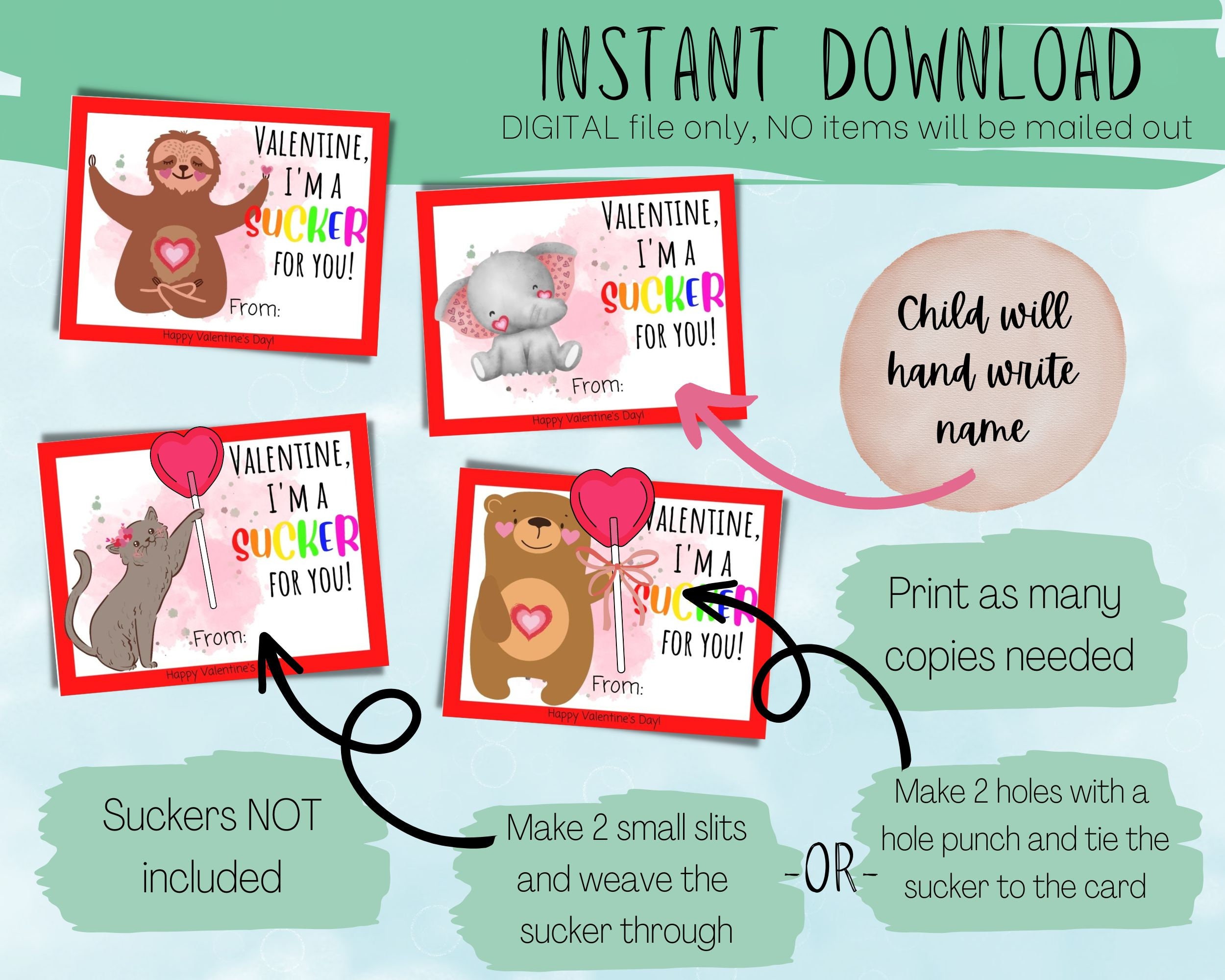 Printable Sucker Valentine Cards, Kids Valentine Cards, Playdoh ...