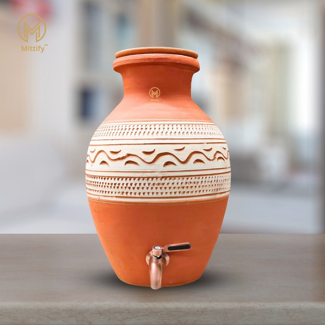 Mittify Handmade Earthen Red Clay Water Pot Tribal Art Design With ...