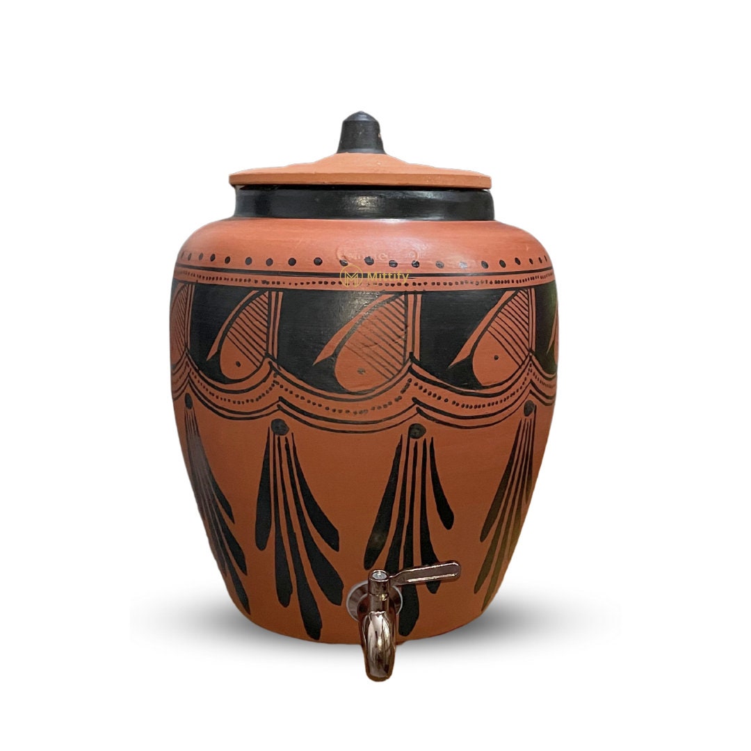 Mittify Red Clay Water Pot With Black Spade Design 11 Liter Capacity ...