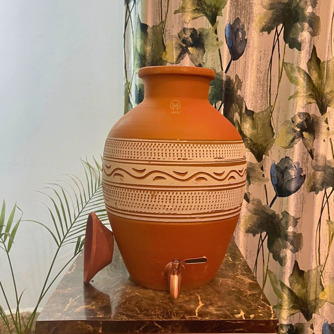Mittify Earthen Clay Water Pot 11L Handmade Tribal Art Design Clay Pot ...