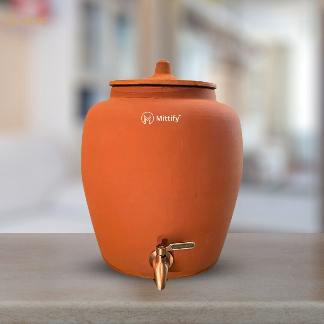 Mittify Handmade Earthen Red Plain Clay Water Pot With Metal Tap and ...