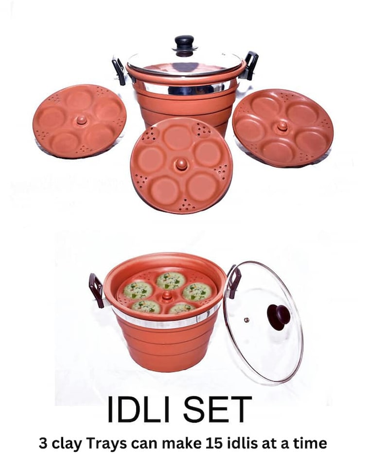 Mittify Clay Idli Maker Set / 3 Idli Stand With 5 Idli Setters in Each ...