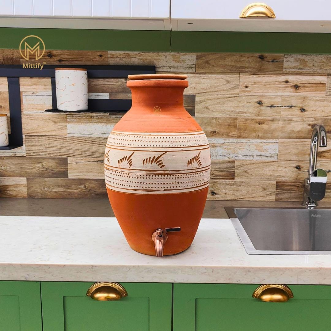 Mittify Handmade Earthen Clay Water Pot Village Art Design With Metal ...