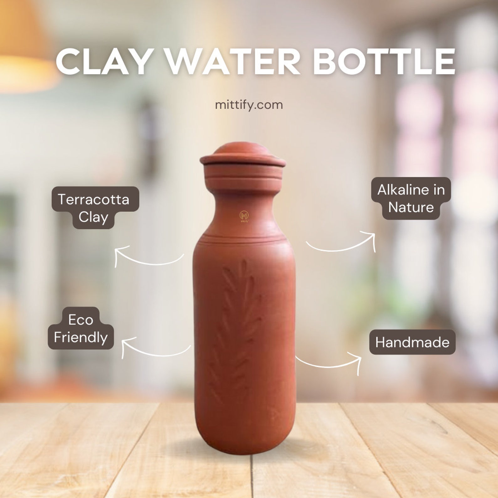 Mittify Handmade Clay Water Bottle, 1 L (33 Oz.) / Terracotta Water ...