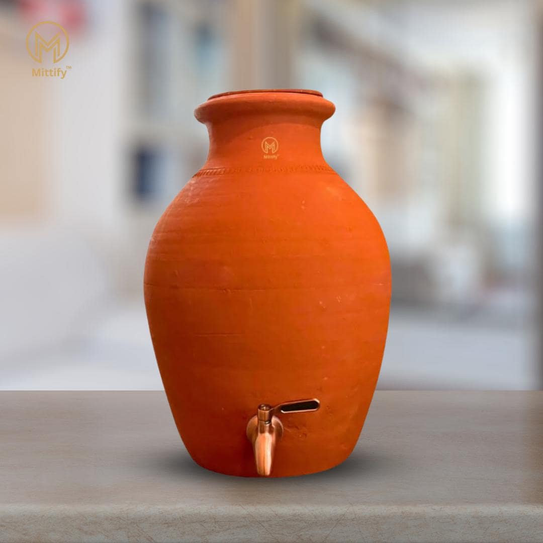 Mittify Handmade Earthen Red Plain Clay Water Pot With Metal Tap and ...