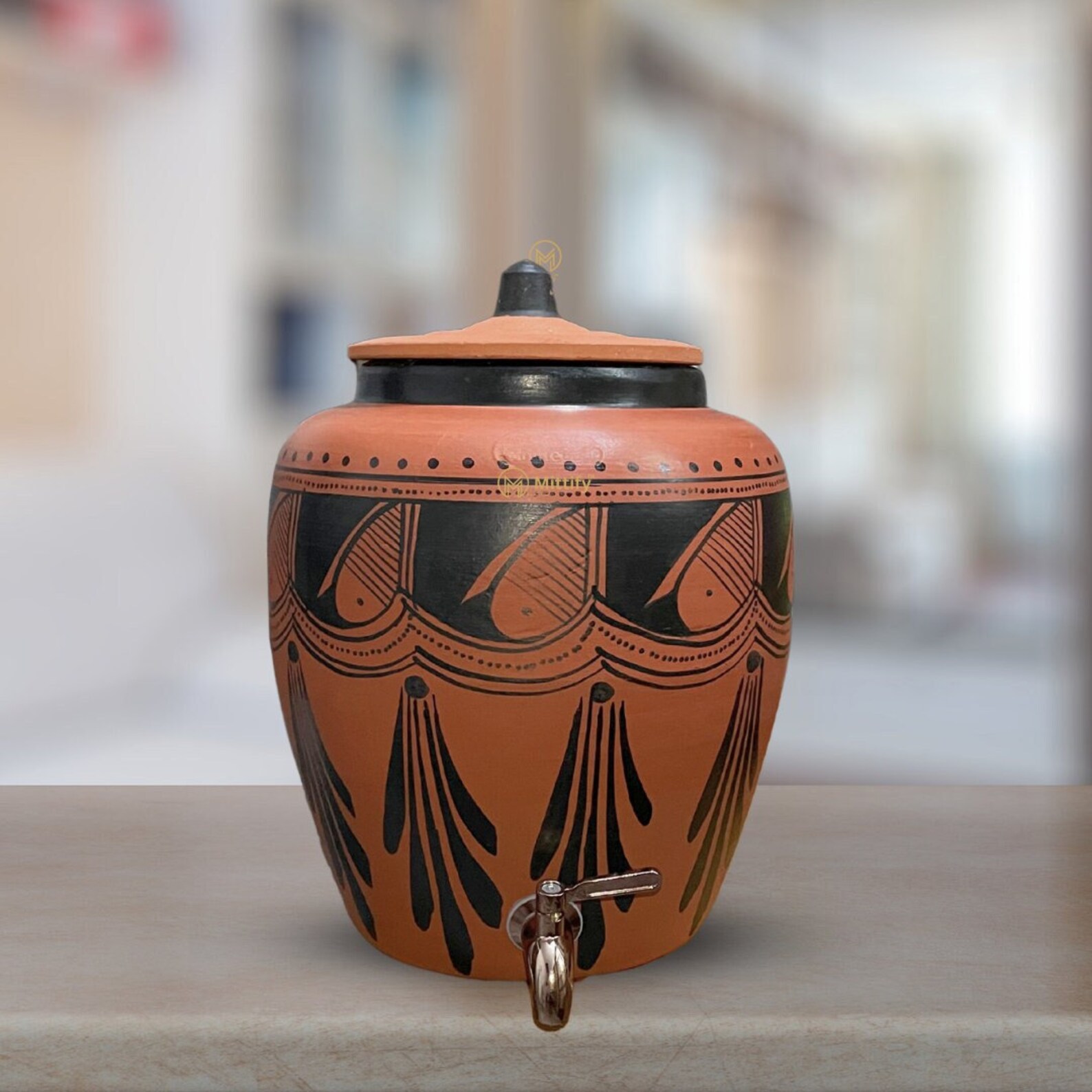 Mittify Red Clay Water Pot With Black Spade Design 11 Liter Capacity ...