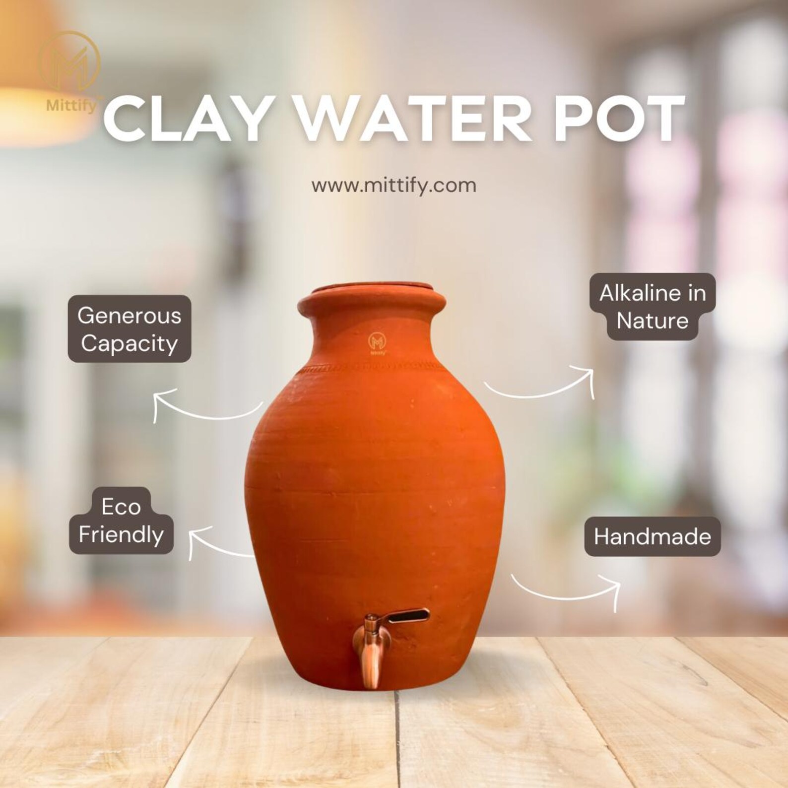 Mittify Handmade Earthen Red Plain Clay Water Pot With Metal Tap and ...