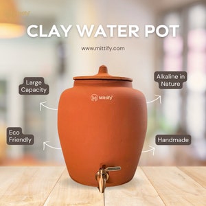 Mittify Handmade Earthen Red Plain Clay Water Pot With Metal Tap and ...