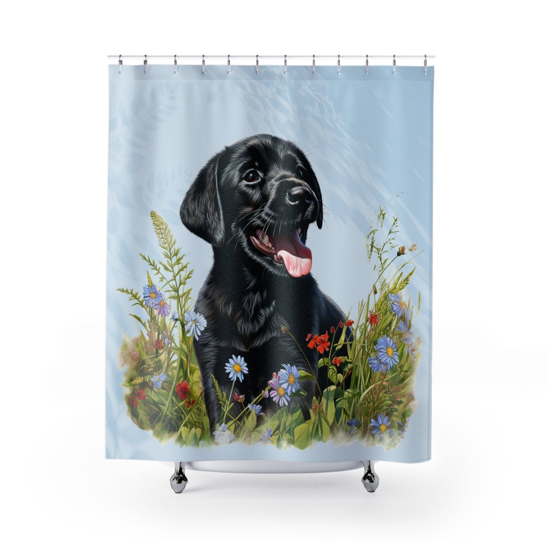 Sitting Happy Black Lab Flowers Field - Shower Curtain - Home Decor ...