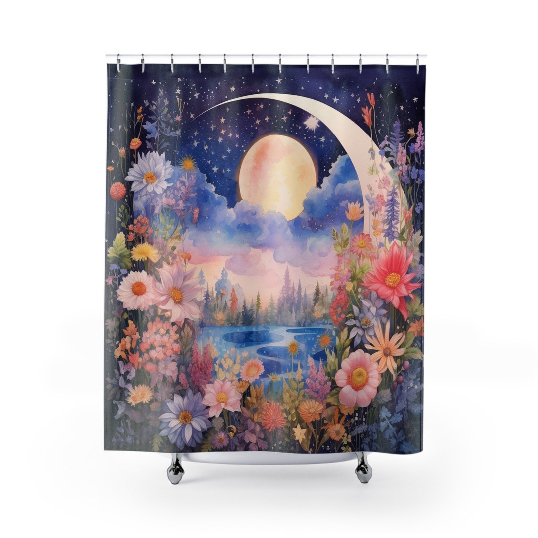 Celestial - Floral Moon - Shower Curtain - Home Decor, Bathroom Decor ...