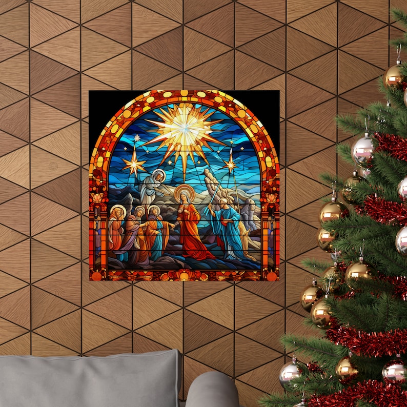 CHRISTMAS Holiday Decor - MATTE POSTER - Stained Glass Nativity Scene ...