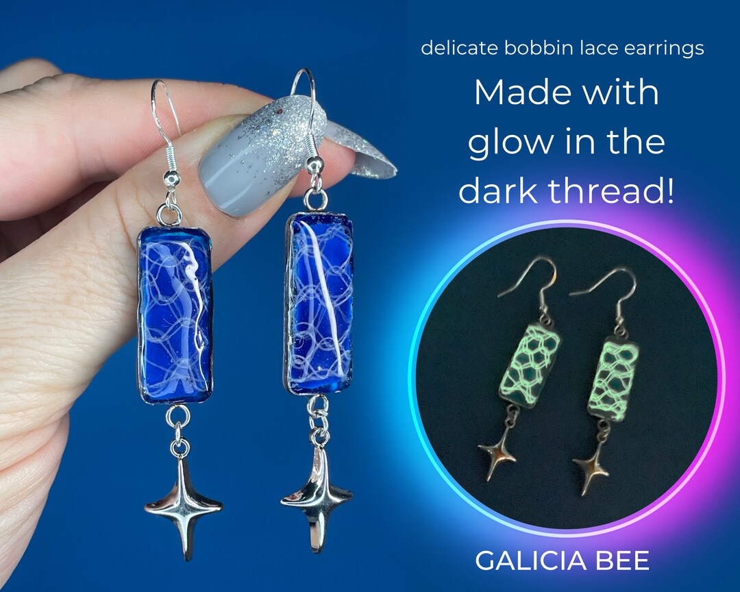 GLOW in the DARK LACE Earrings, Handmade Bobbin Lace Earrings, Snow ...