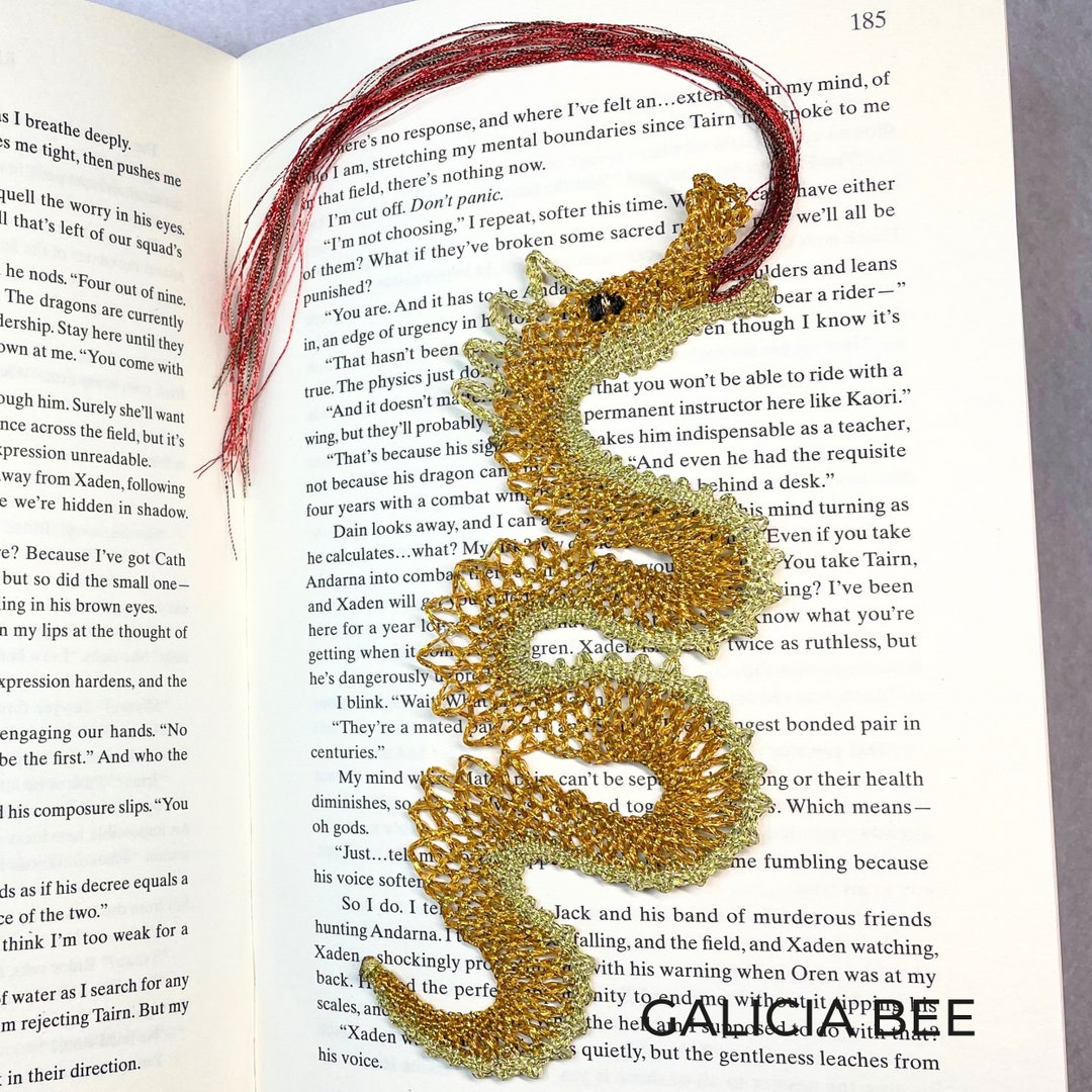 Gold DRAGON LACE Applique, Bobbin Lace Bookmark, Fantasy Gift, Reader ...