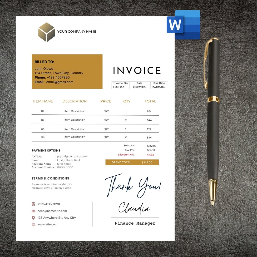 Invoice Template Word Minimalist Editable and Printable for Small ...