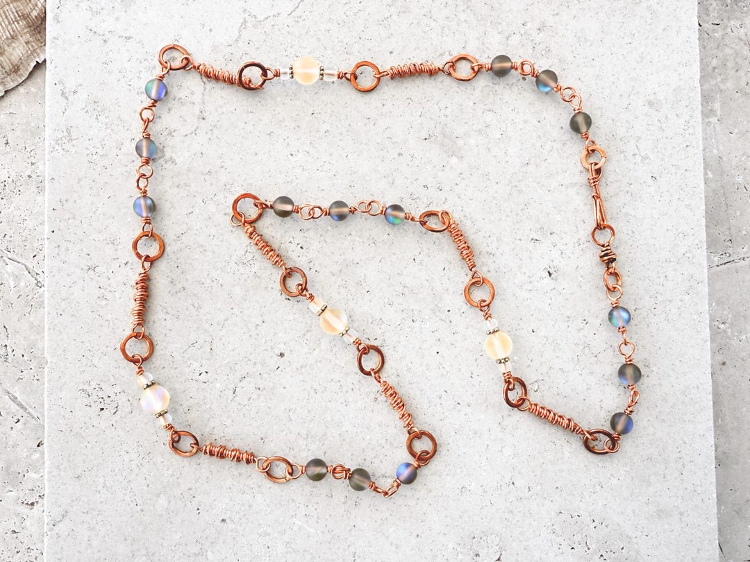 Handmade Copper Chain Necklace With Iridescent Glass Beads, Long Boho ...