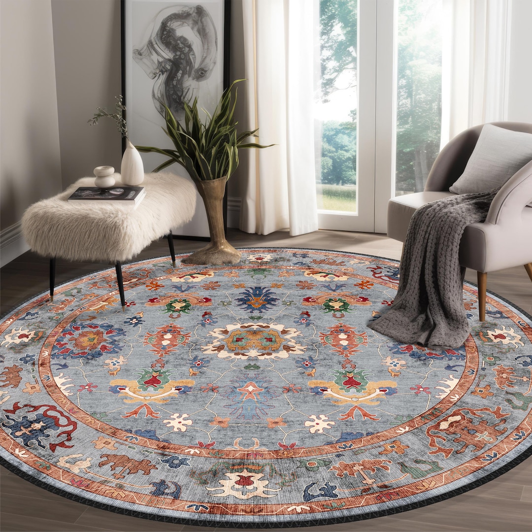Round Oushak Rug in Blue, Circular Bedroom Diningroom Rug, Carpet for ...