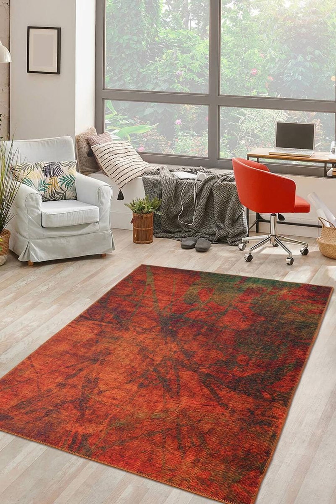 Overdyed Orange Bohemian Rug, Vibrant Ethnic Rug, Ideal for Dining Room ...