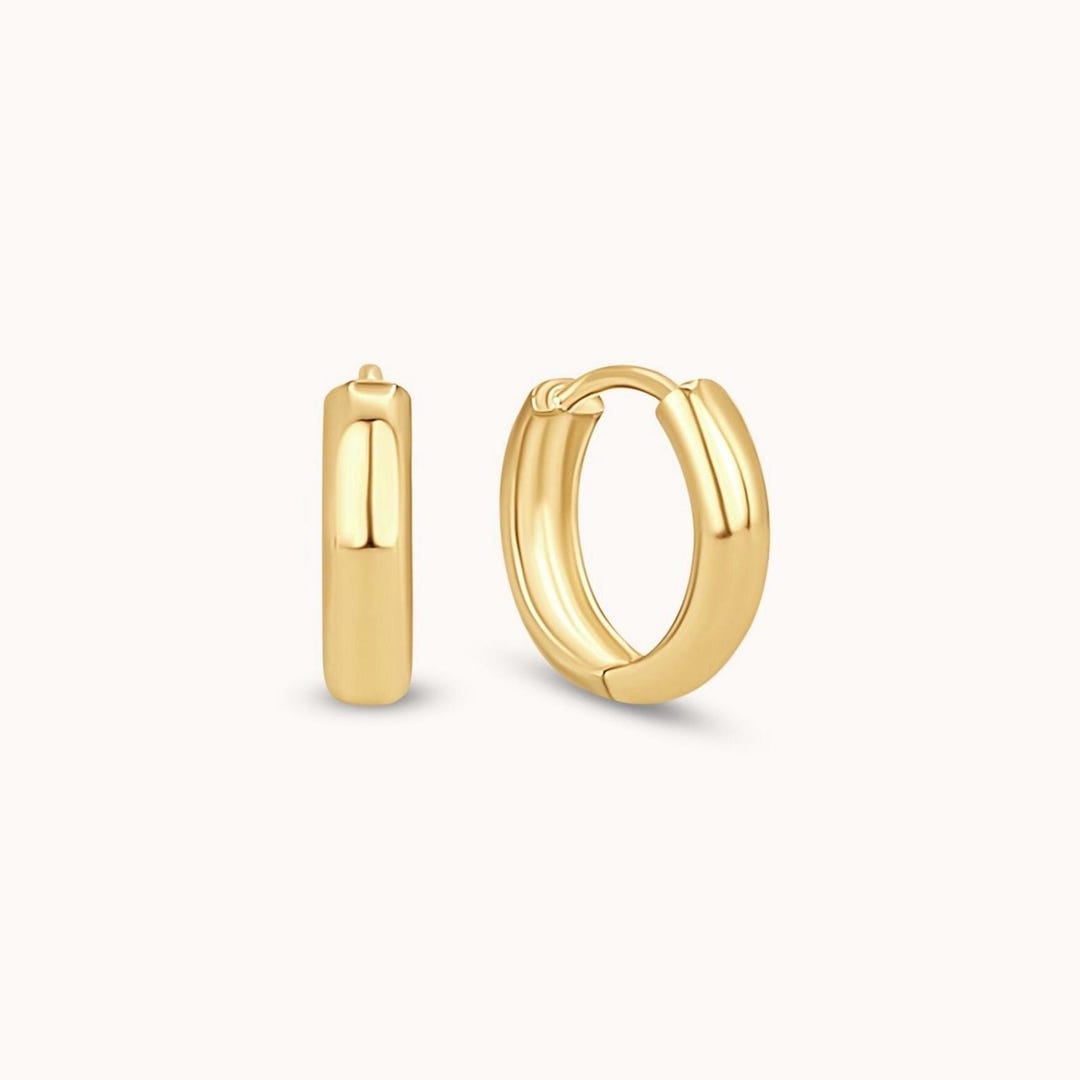 14k Gold Bold Huggie Hoop Earrings, 12mm Small Bold Hoop Earrings ...
