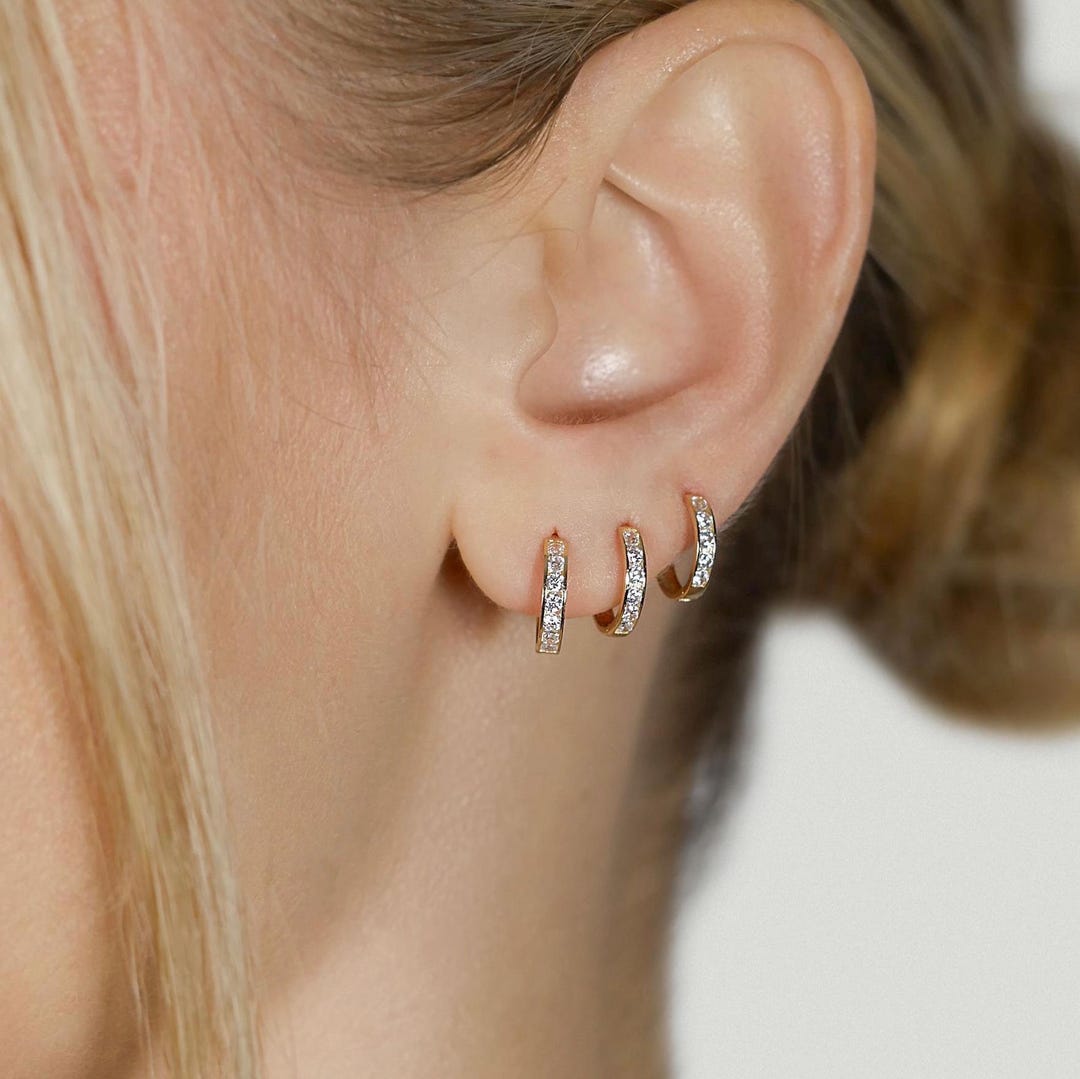 14K Solid Gold Diamond Huggies, CZ Hoop Earrings, Everday Earrings ...