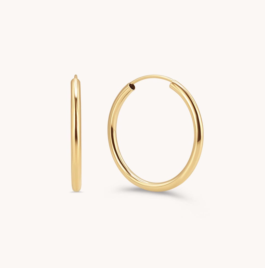 14k Gold Endless Hoop Earrings, Thin Basic Hoop Earrings, 25mm Basic ...