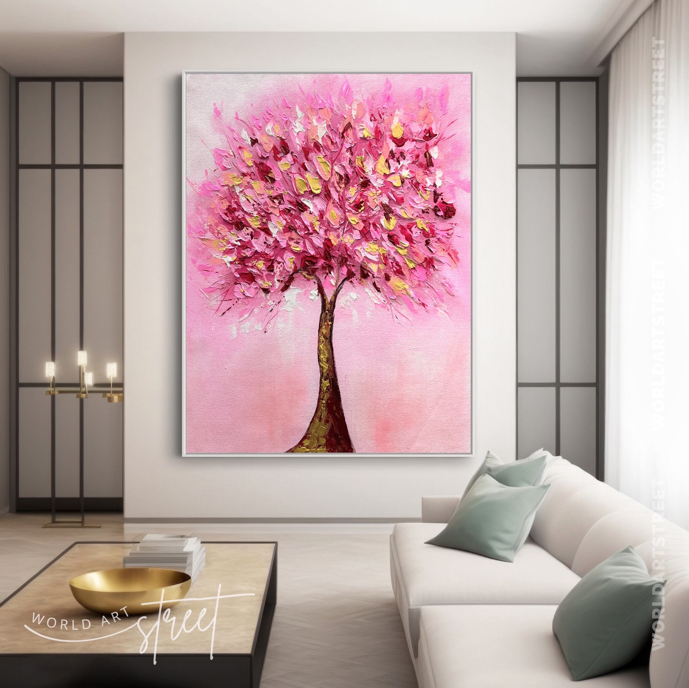 3D Pink Tree Wall Art, Blooming Cherry Blossom Canvas Oil Painting ...