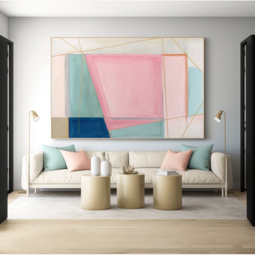 Large Handmade Color Block Art: Geometric Abstract Painting in Pink ...