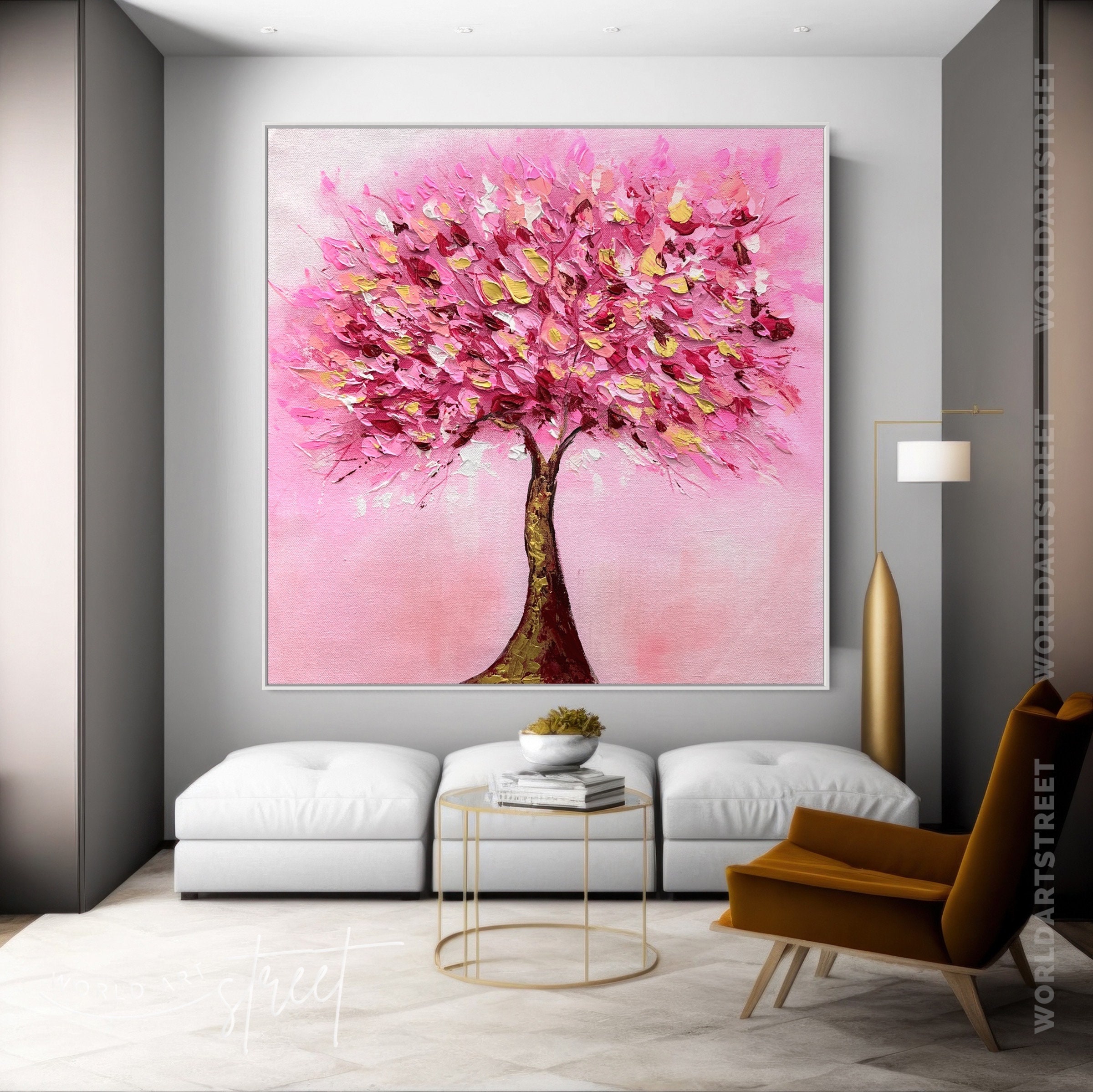 3D Pink Tree Wall Art, Blooming Cherry Blossom Canvas Oil Painting ...