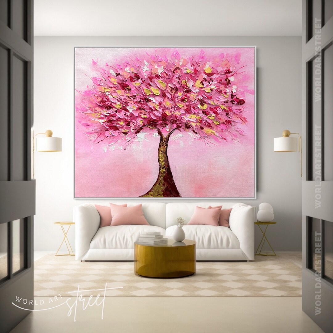 3D Pink Tree Wall Art, Blooming Cherry Blossom Canvas Oil Painting ...