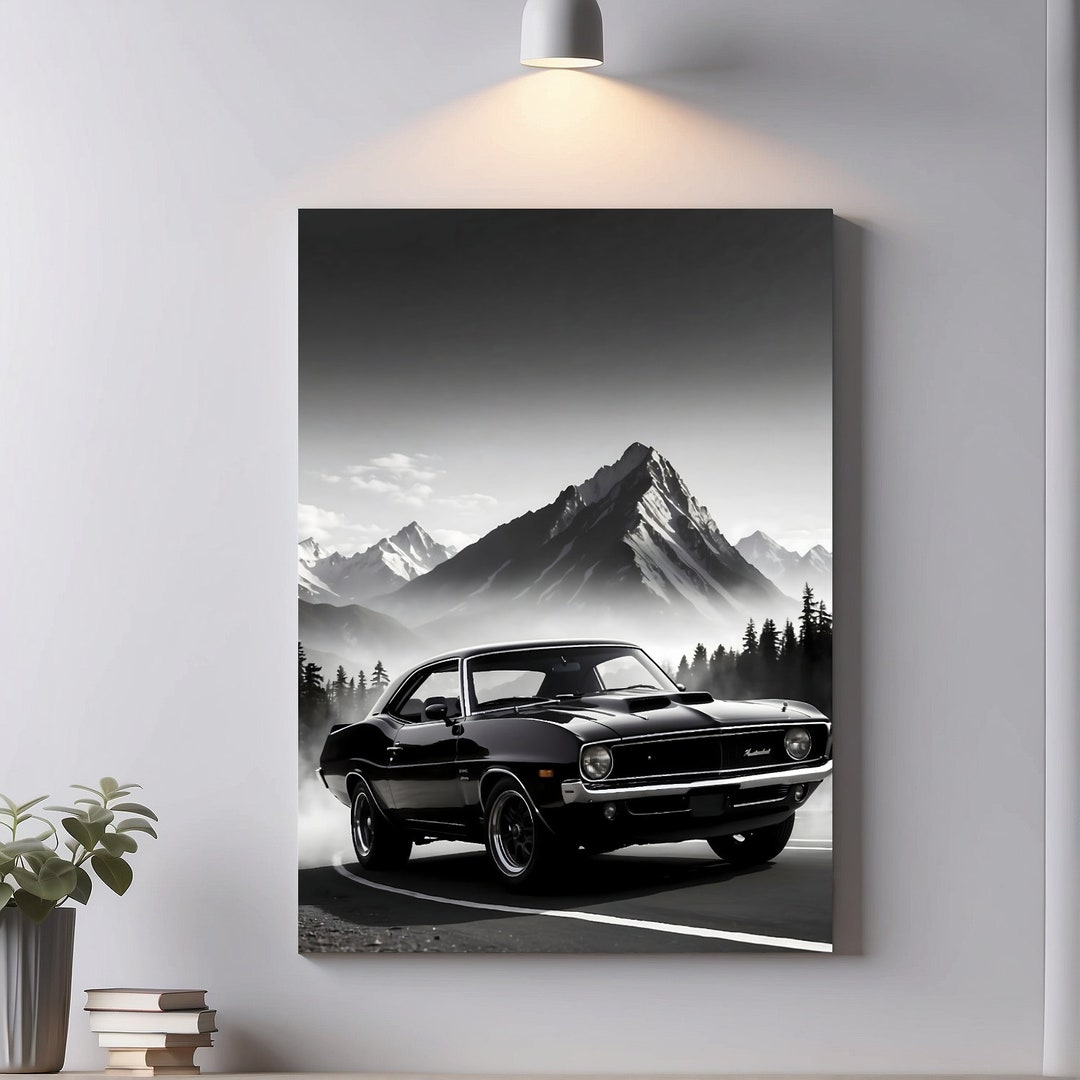 Muscle Car Poster, Gift for Car Lovers, Black and White Car Canvas ...