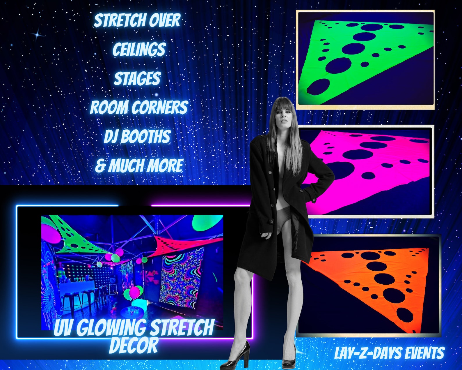 UV Reactive Décor, Triangular Ceiling Stretch Décor, Blacklight Party ...