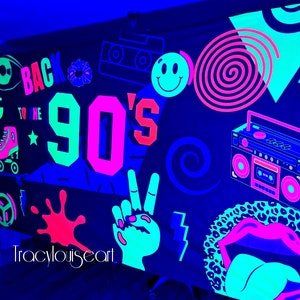 Uv Retro Back to the 90s Giant Wall Hanging Tapestry, Uv Reactive, Glow ...