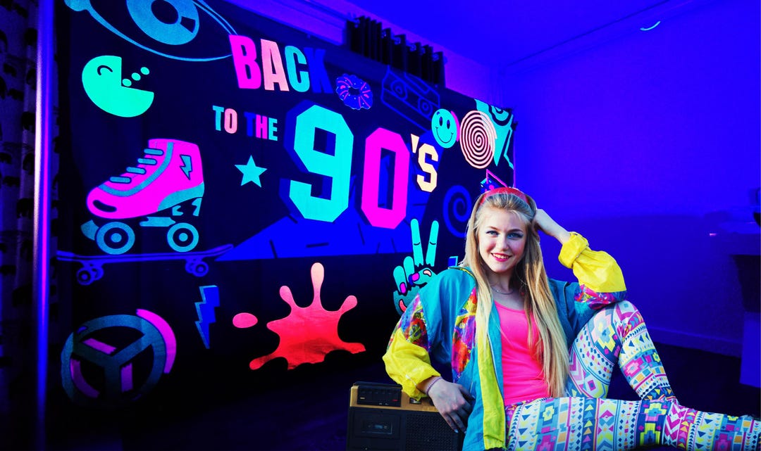 Uv Retro Back to the 90s Giant Wall Hanging Tapestry, Uv Reactive, Glow ...