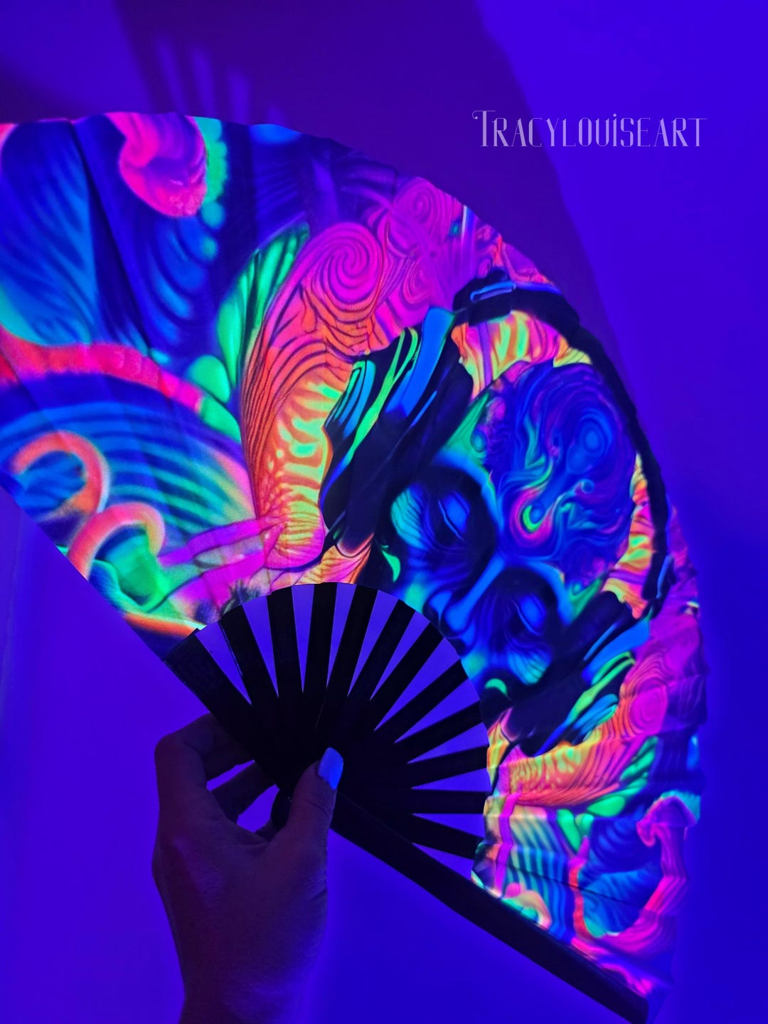 Alien Mantra Uv Bamboo Hand Fan, Uv Reactive Blacklight Festival Fan ...