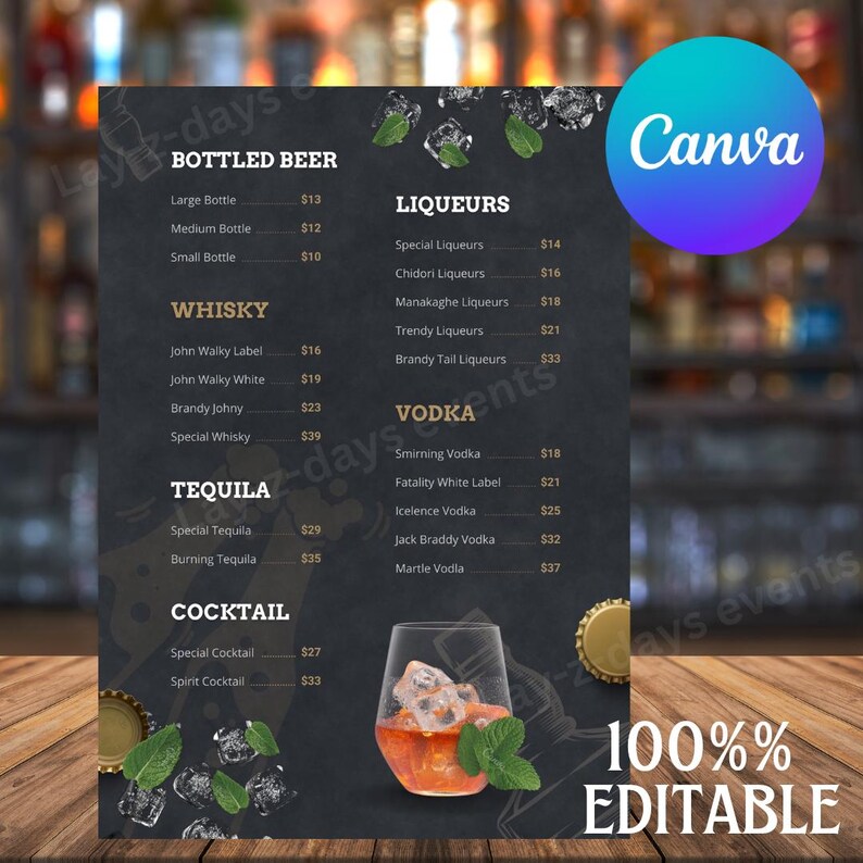 Editable Cocktail Menu Template - A4 Canva Design (digital Download) - Etsy