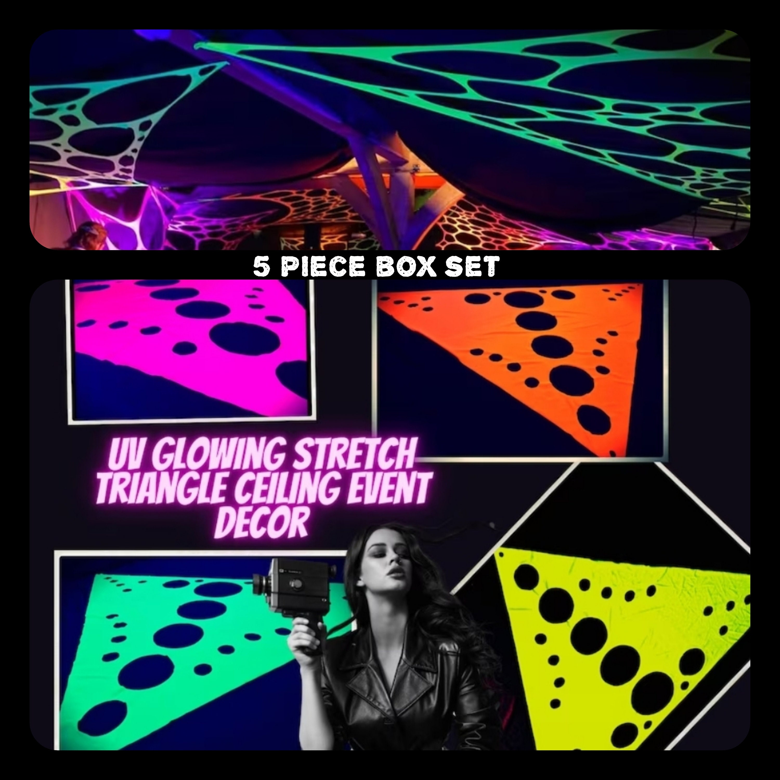 UV Reactive Décor, Triangular Ceiling Stretch Décor, Blacklight Party ...
