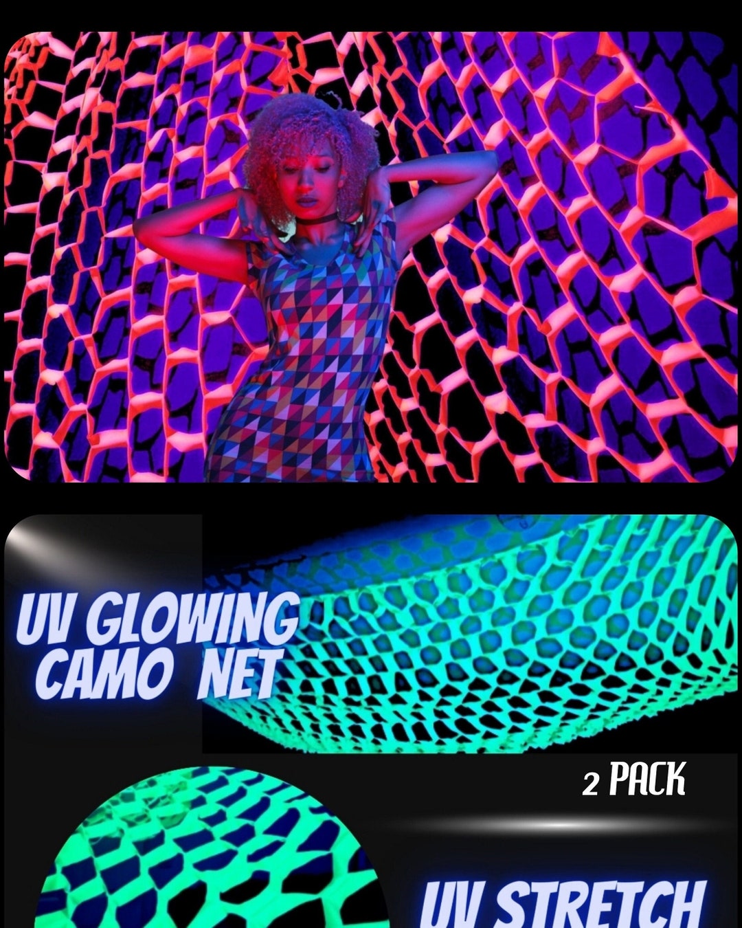 UV 2 Pk Neon Green & Orange Spandex Stretch Glow in the Dark, Camo ...