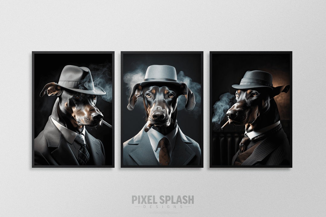 3 Surreal Art Pieces of Gangster Dogs in Suits Smoking Cigars. Dark ...