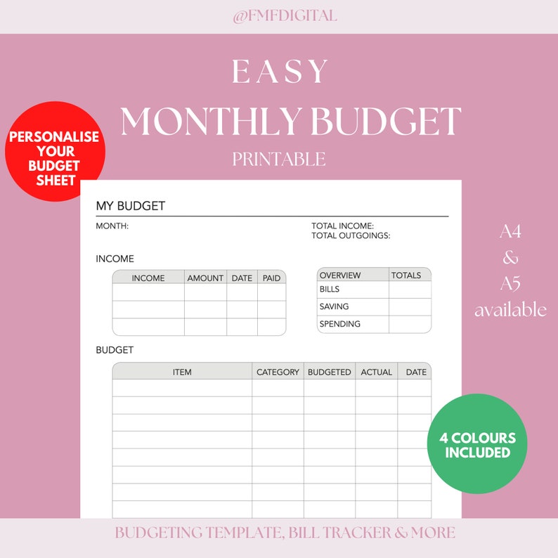 Printable Monthly Budget Sheet - Etsy