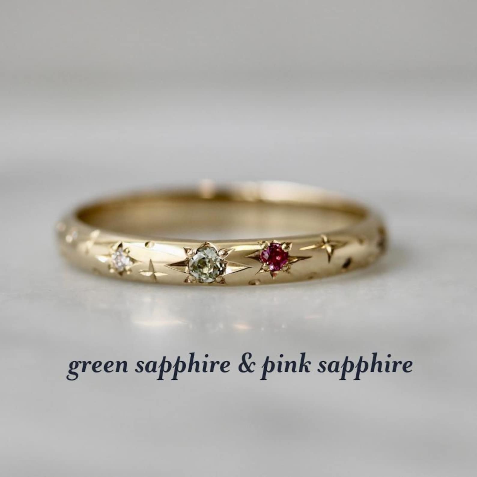 Personalized Celestial Birthstone Ring in 14k Gold, Star Engraved Band ...