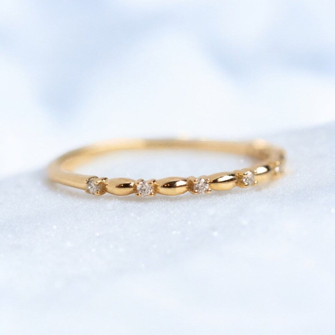 Dainty 14k Gold Diamond Stacking Ring: Minimalist Beaded Band - Etsy