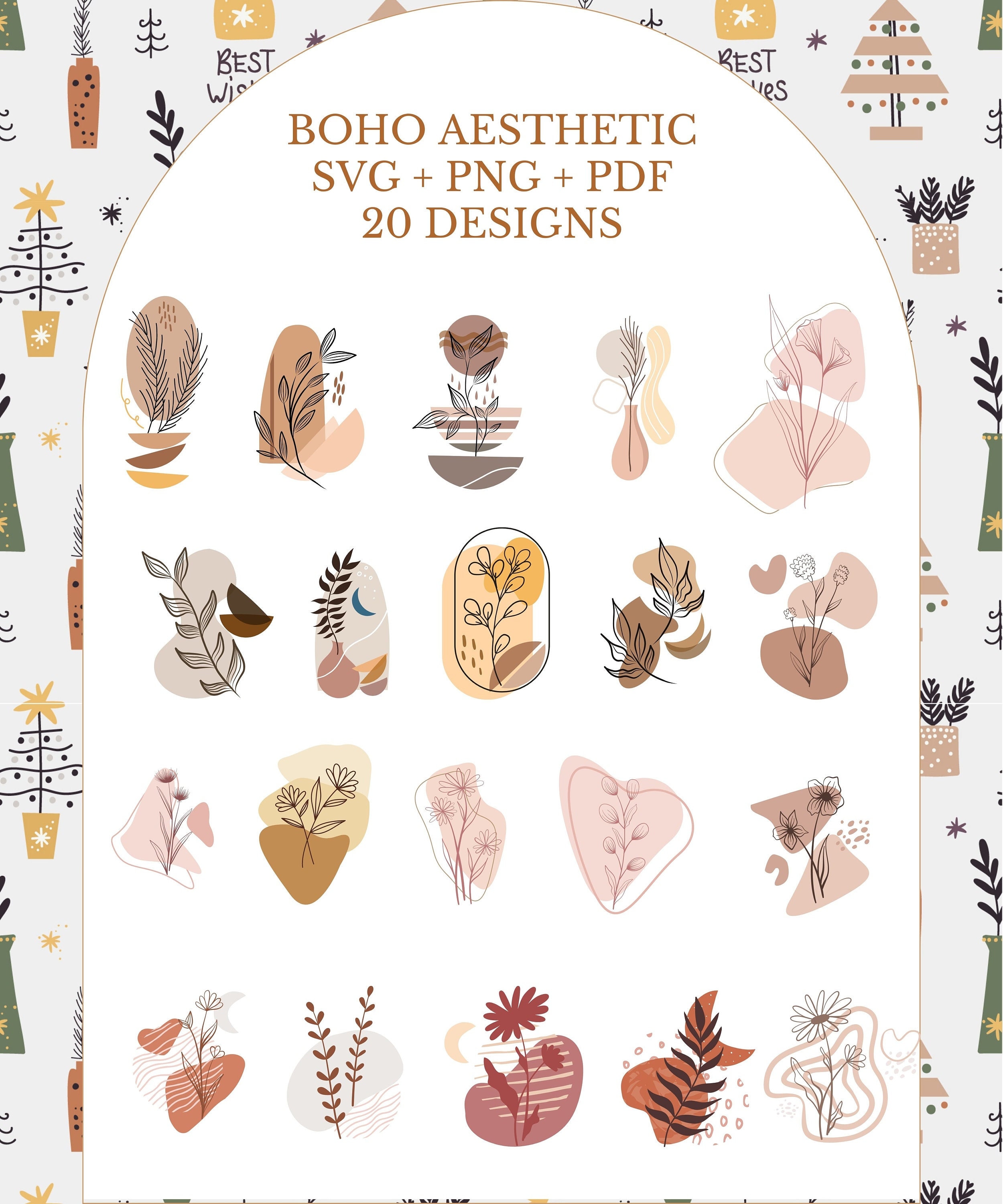 Boho Aesthetic Bundle Svg Minimalism Blob Flower Boho Hand Drawn Wall ...