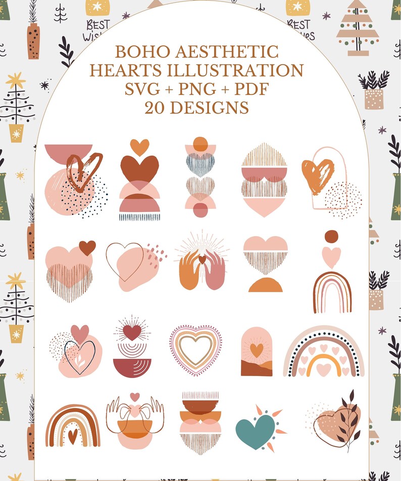 Boho Aesthetic Bundle Svg Bohemian Heart Svg Illustration Boho Wall Art ...