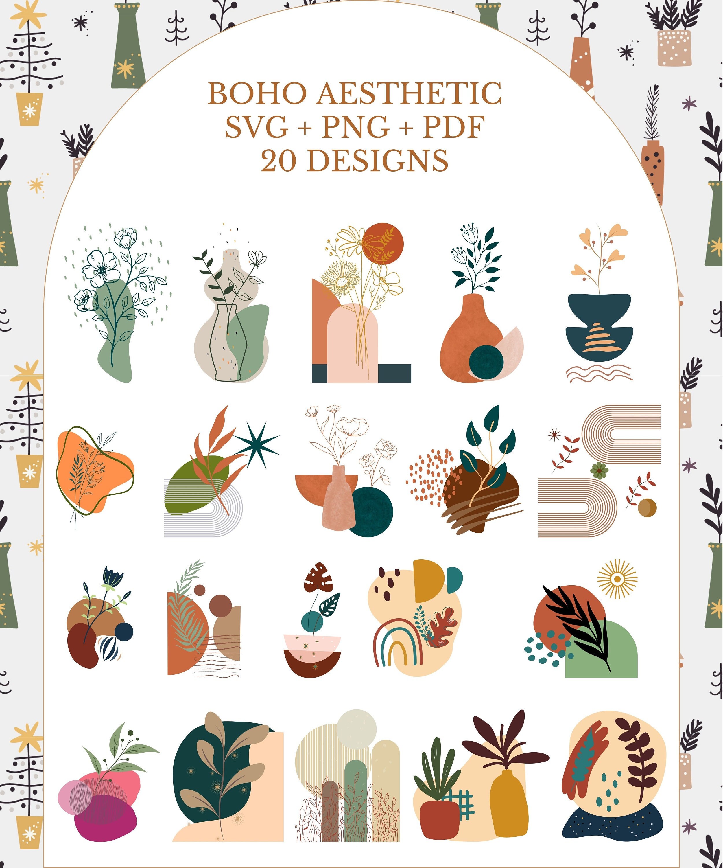 Boho Aesthetic Bundle Svg Minimalism Blob Flower Boho Hand Drawn Wall ...