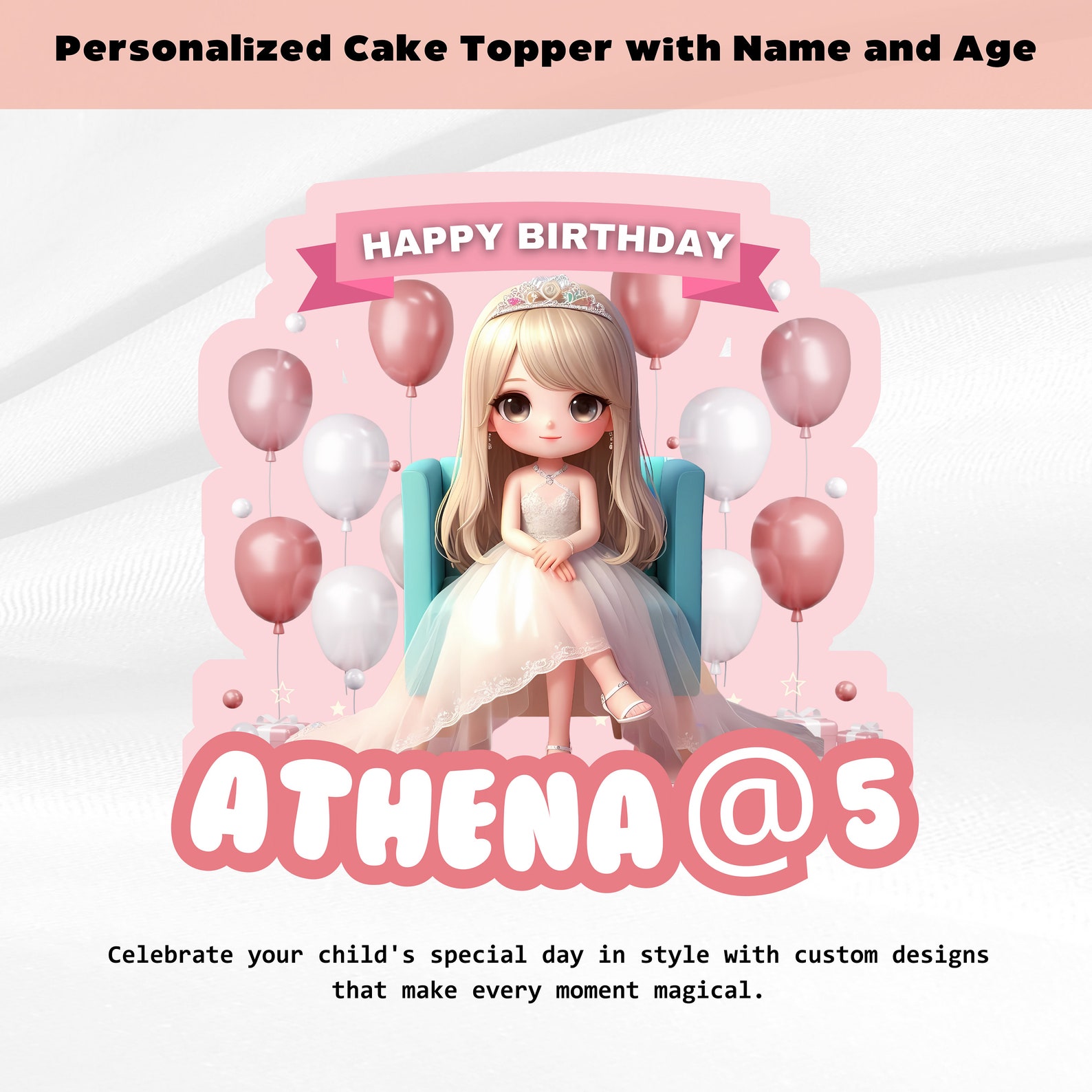 Personalized Pink Princess Birthday Cake Topper (digital Download) - Etsy